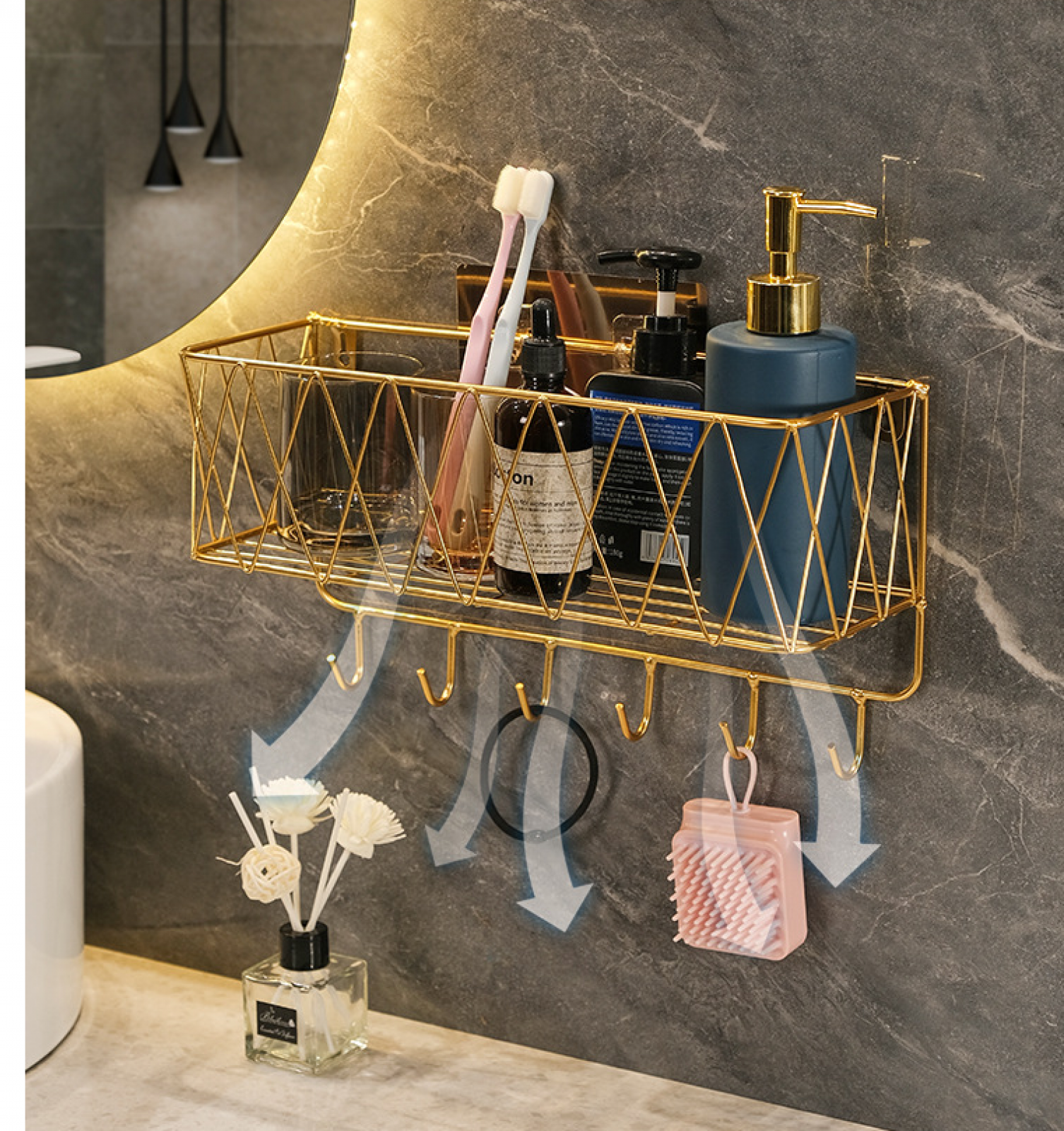 Настенная коробка для салфеток с крючками MyPads, металлическая, золотистая, без сверления