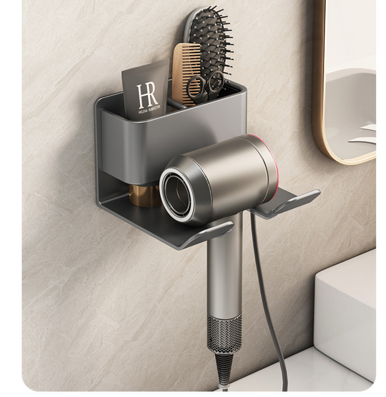 Настенный держатель для фена MyPads с самоклеящейся основой и органайзером для ванной