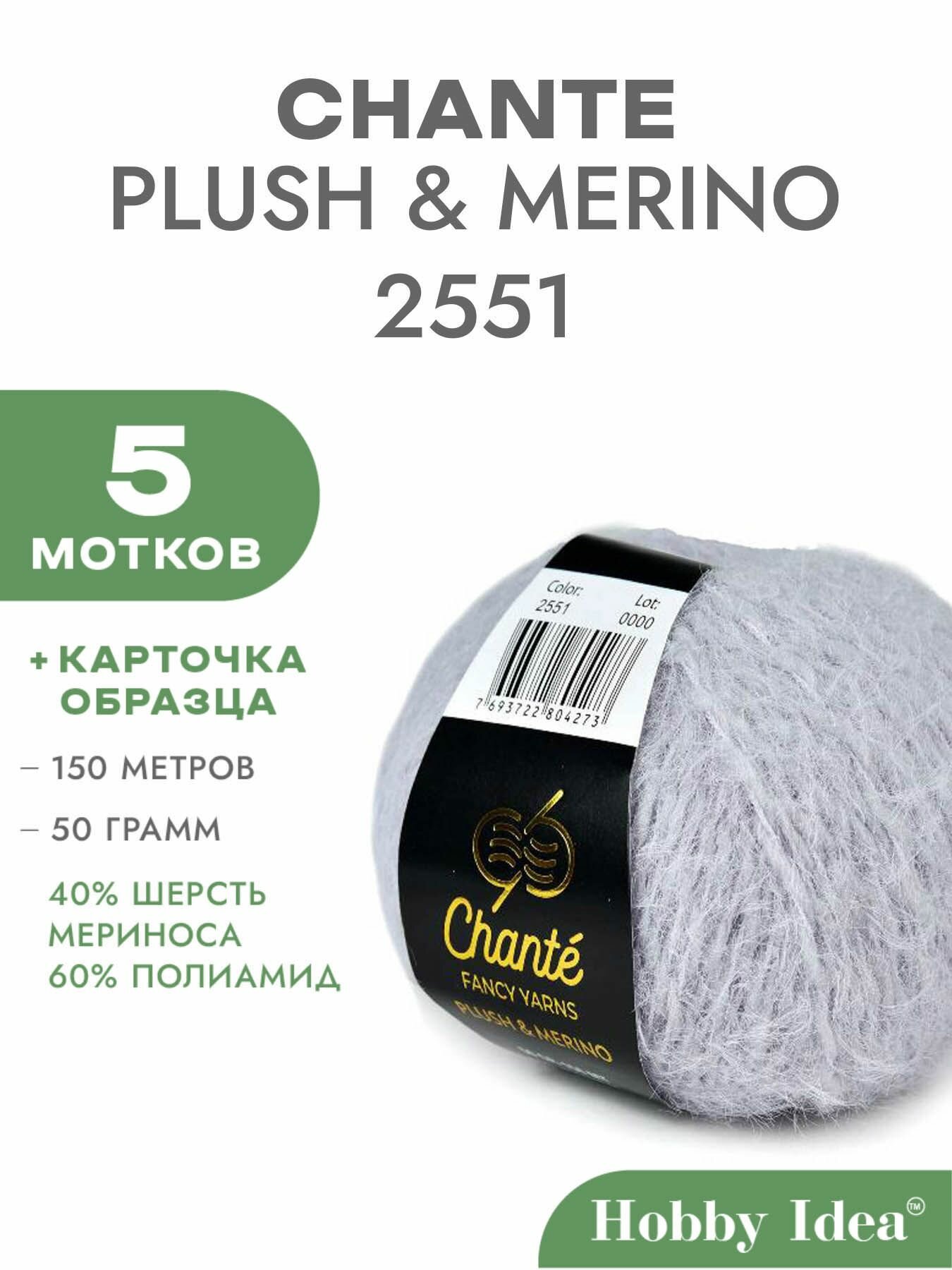 Пряжа Chante Plush & Merino 2551 Светло-серый 5 мотков (Нитки пушистые Шантэ Плюш и Мерино)