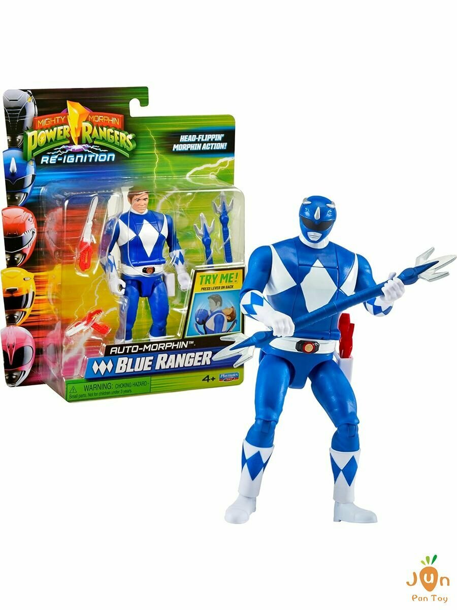 Фигурка, Power Rangers Auto-Morphin Blue Ranger / Синяя шарнирная кукла с оружием и поворачивающейся головой - уникальный подарок для коллекции.