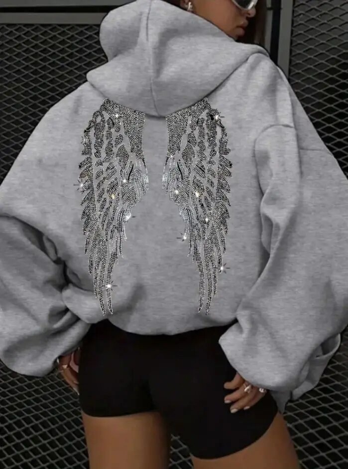 Готическая махровая толстовка Y2K Angel Wings Grey S, 11