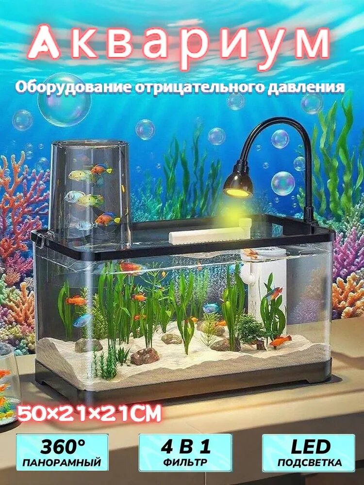 Аквариум панорамный 50х21х21 см с LED подсветкой и фильтром