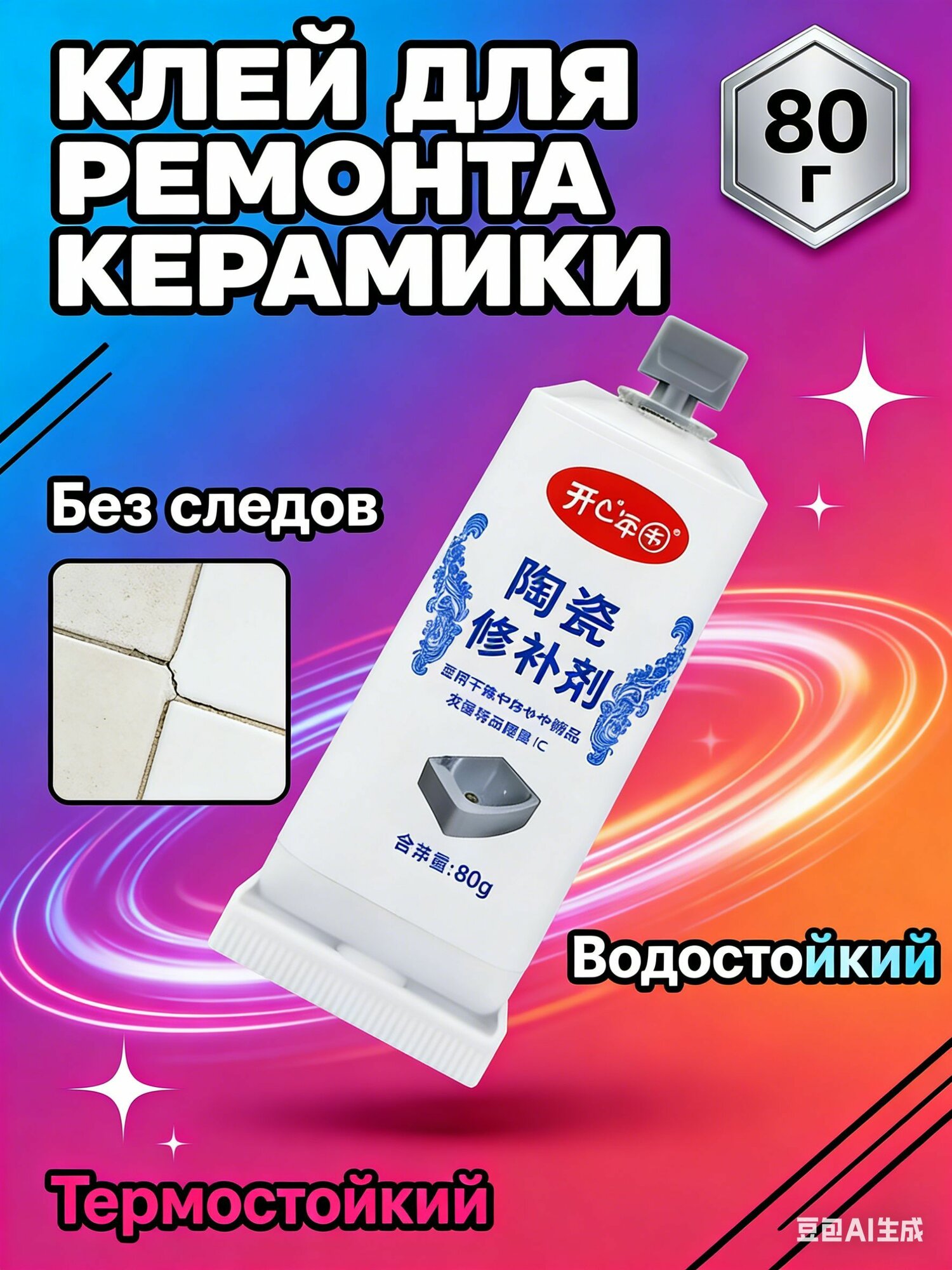 Клей для ремонта керамики и сантехники 80 мл, водостойкая мастика для реставрации ванн, раковин и плитки, белый восстановитель 1 шт