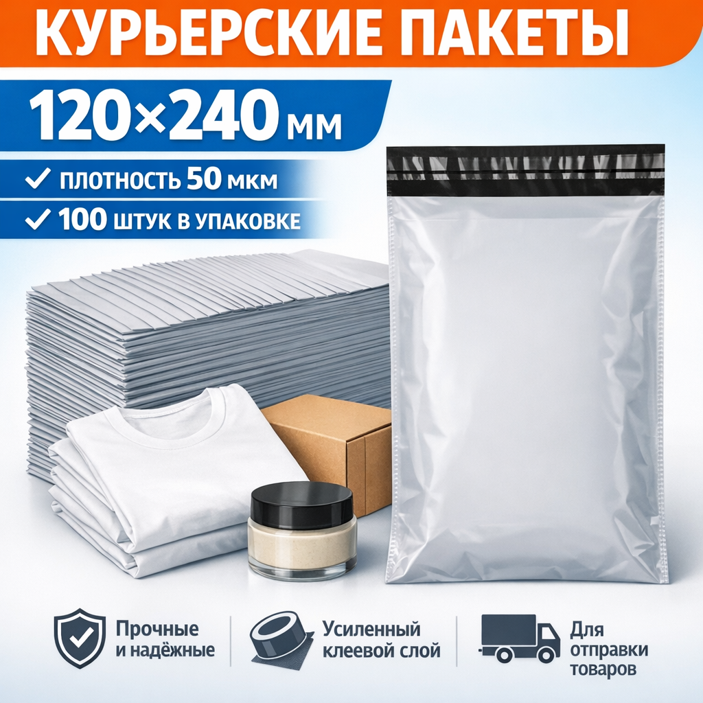 Курьерский пакет 120х240+40мм (50 мкм) / Без кармана / 100 штук, светло-серый