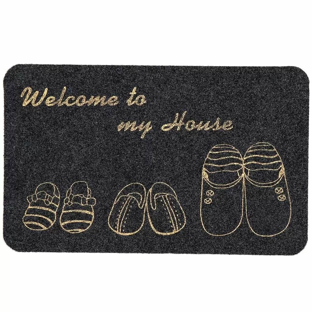 Коврик грязезащитный придверный 50х80 см серый, влаговпитывающий входной мат на резиновой основе Велюр Тапочки TCLR/W-202