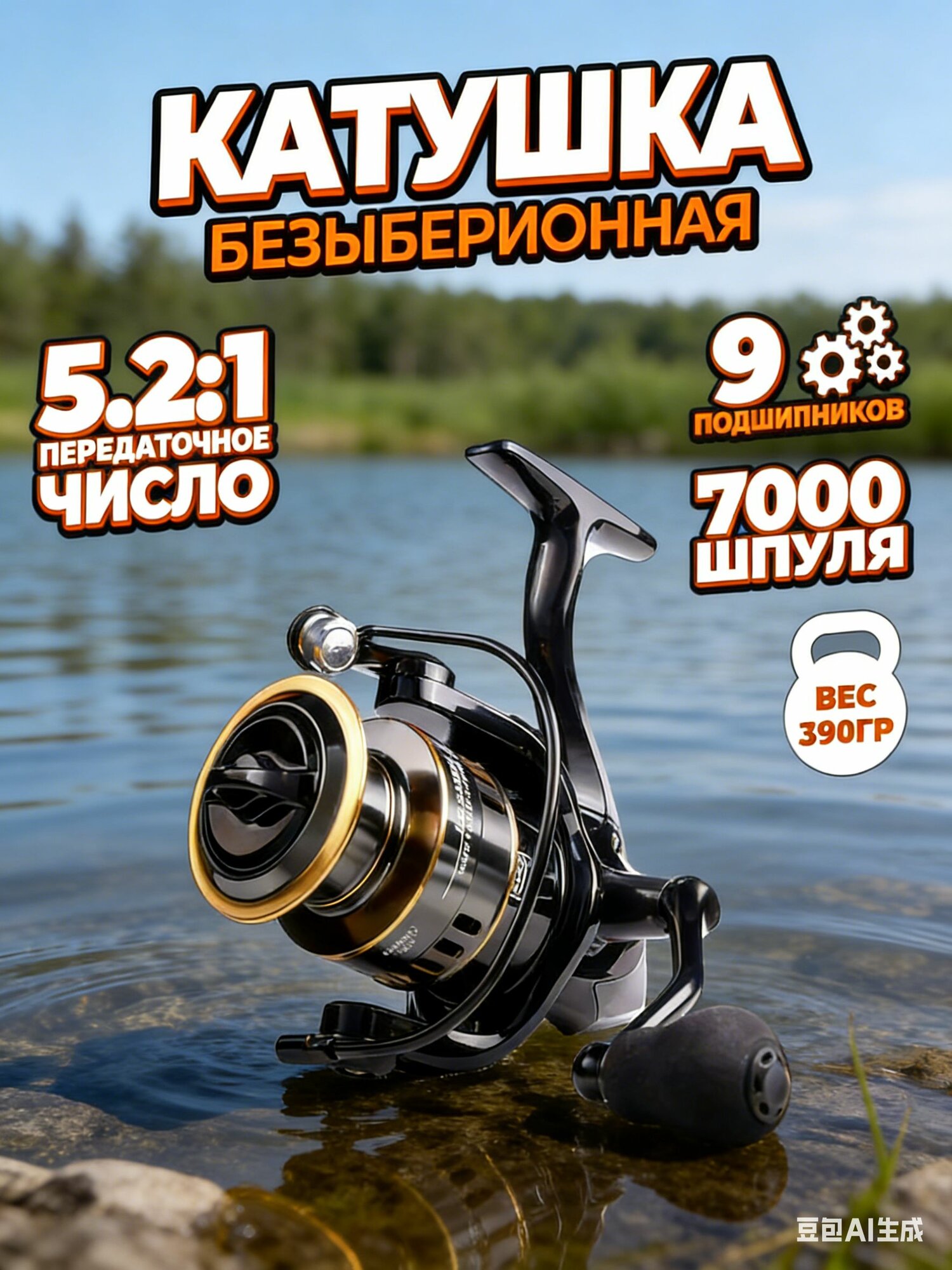 Катушка безыберийонная 5.2:1 с 9 подшипниками, 7000 шпуля, вес 390гр для рыбалки