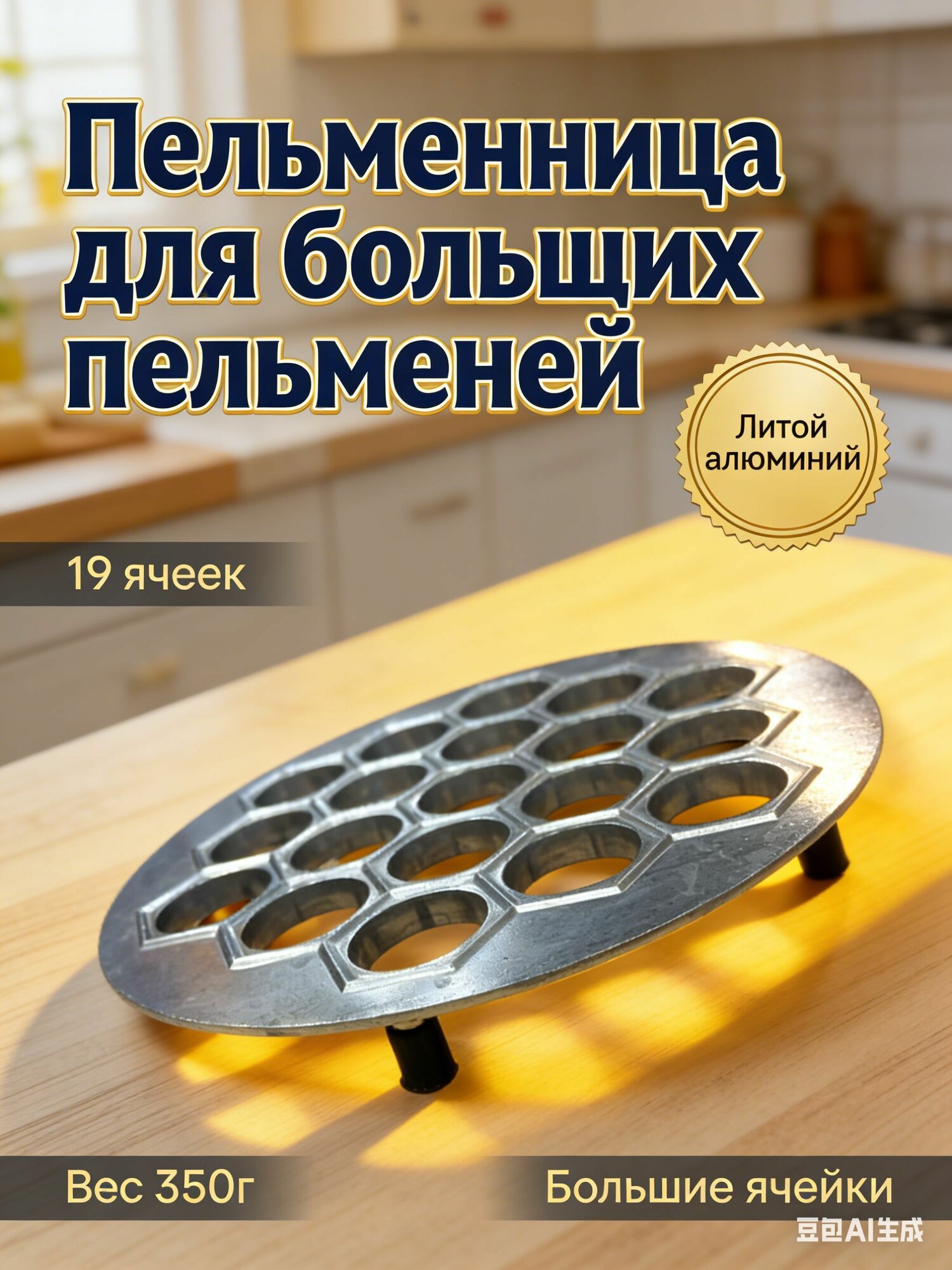 Пельменница металлическая литая, 19 ячеек, диаметр 25 см, форма для пельменей из алюминия, 1 шт.