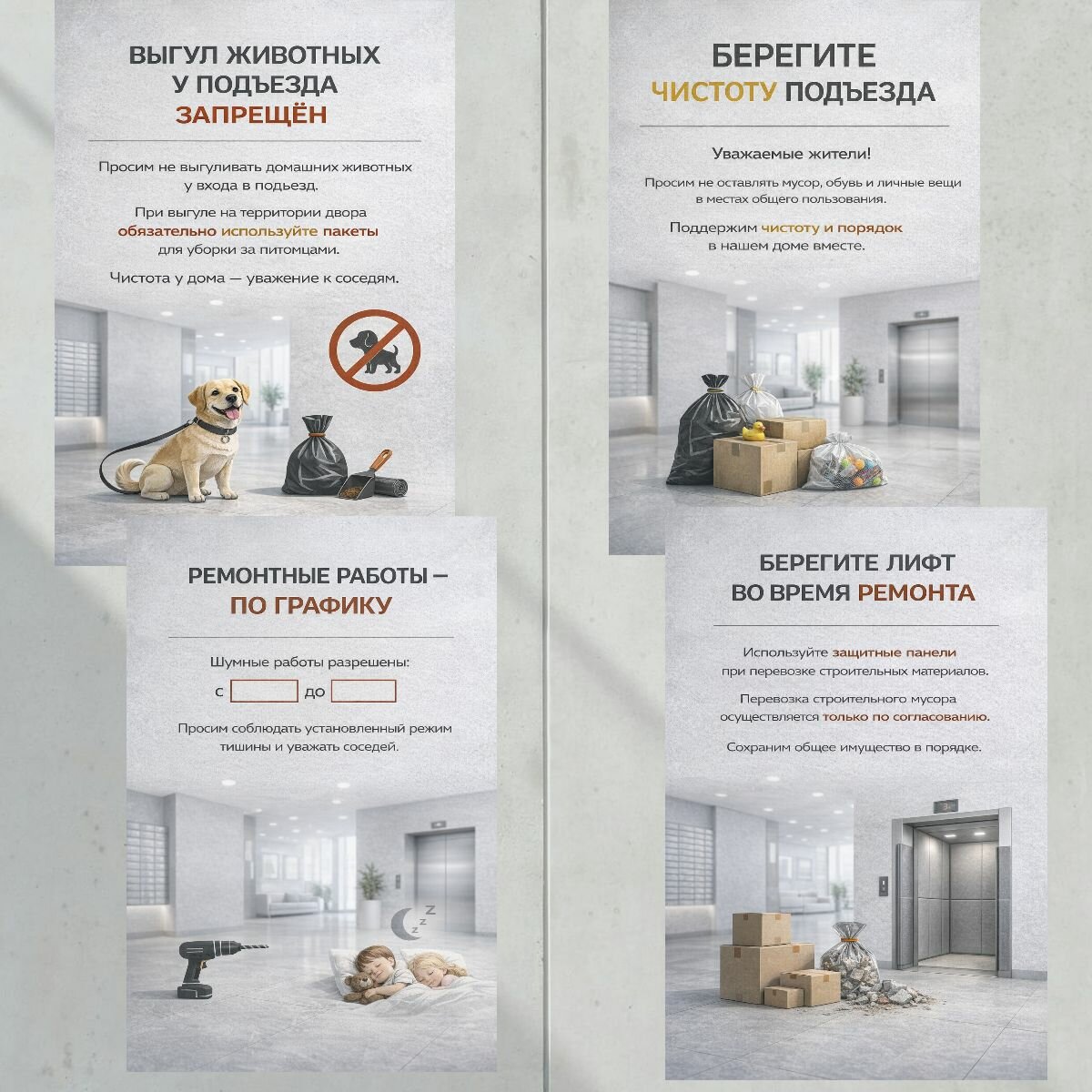 Комплект информационных плакатов для подъезда А4 (4 шт) Для ТСЖ и УК: Чистота, ремонт, лифт, выгул собак. Самоклейка.