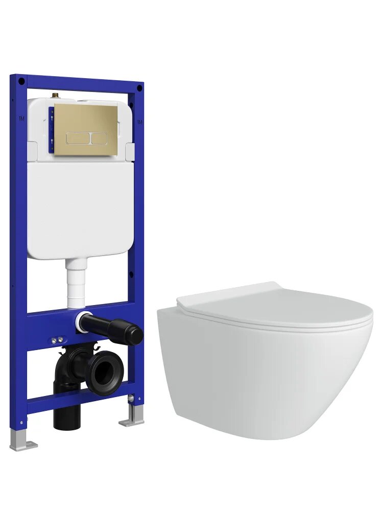 Комплект 4 в 1: Инсталляция STWORKI Кронборг S28500GM / Унитаз подвесной Teymi Lina Pro T40106 / Комплект шумоизоляции, Кнопка матовая золотая