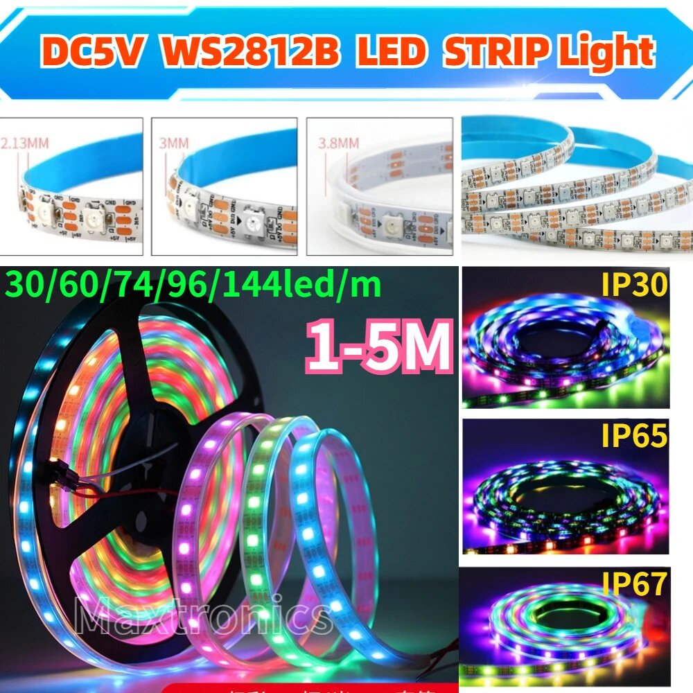 Светодиодная лента WS2812B RGB 5м, White PCB, IP67