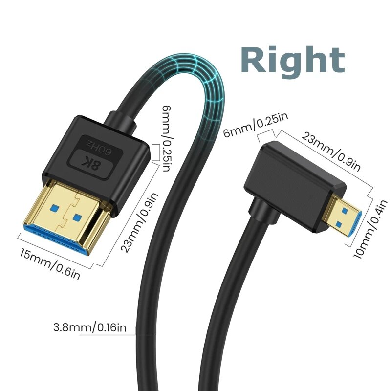 CableCC Micro HDMI-HDMI кабель 90 градусов 8K 0.3m, Right