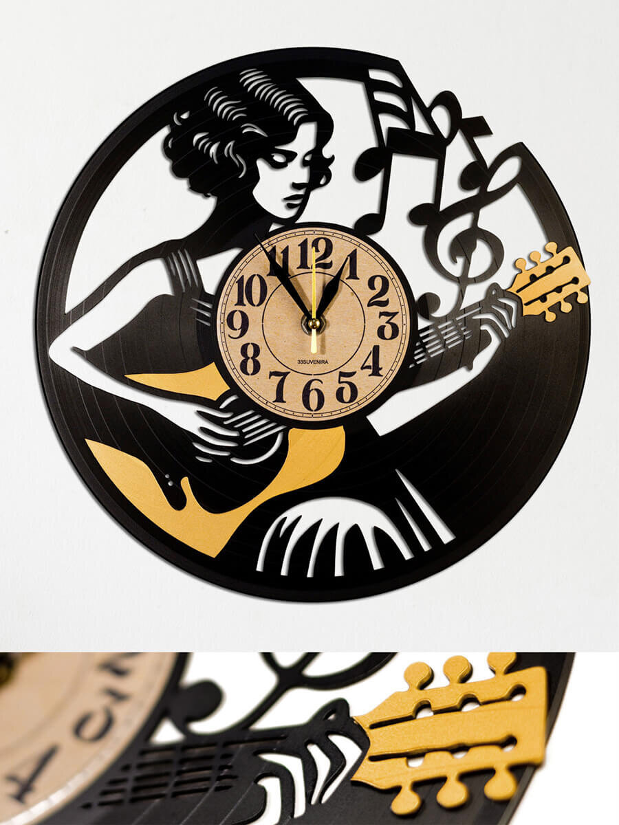 Настенные часы гитара из матовой виниловой пластинки с защитой от ультрафиолета, 30 см