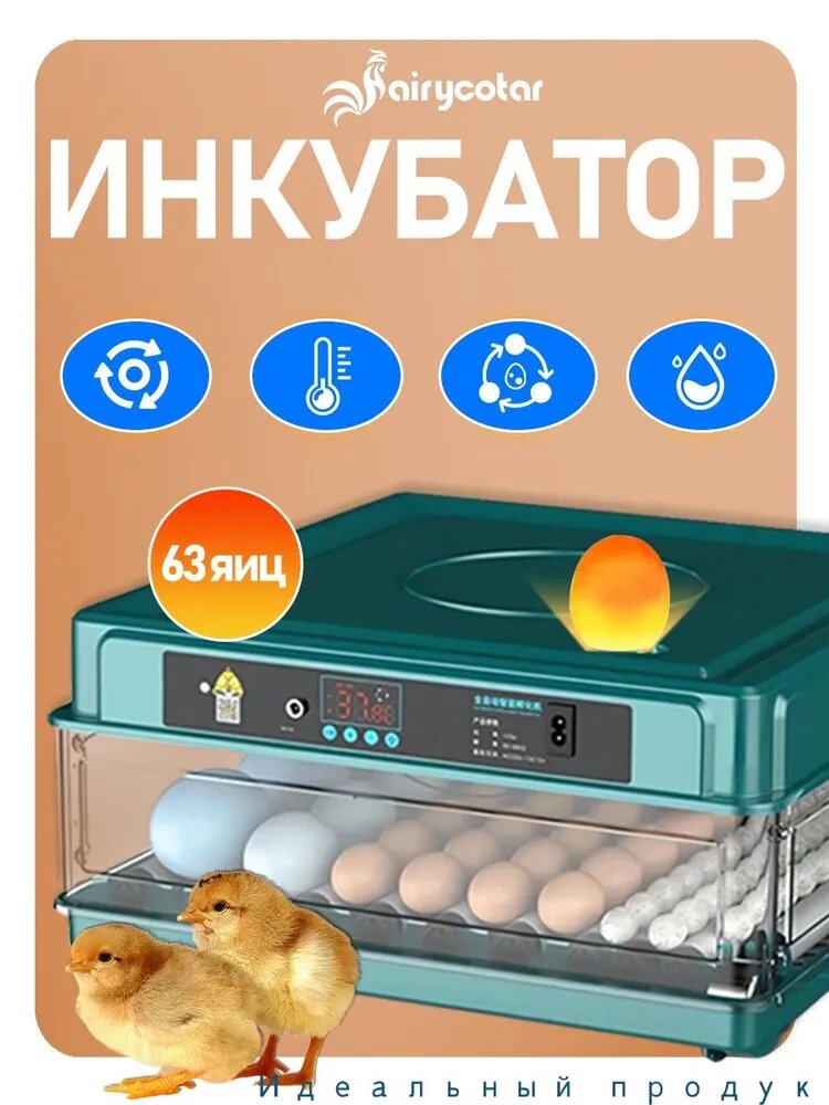 Hairycotar G64 Инкубатор для яиц автоматический терморегулятором, овоскопом, автоповоротом на 64 куриных, 150 перепелиных, 42 утиных/индюшиных, 32 гусиных яиц 220B/12V
