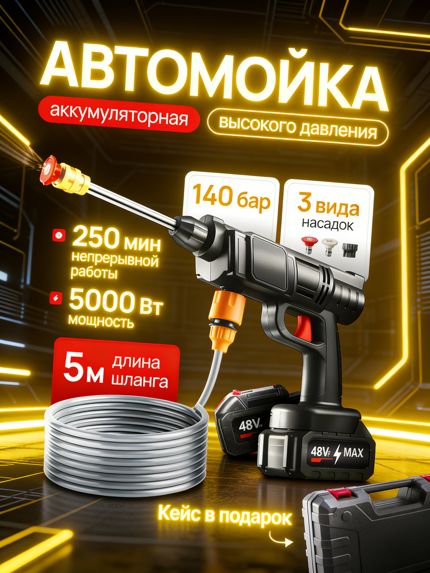 Мойка высокого давления Cleaning Gan, ручная, аккумуляторная, 200Вт, 32бар 2-а аккумулятора.
