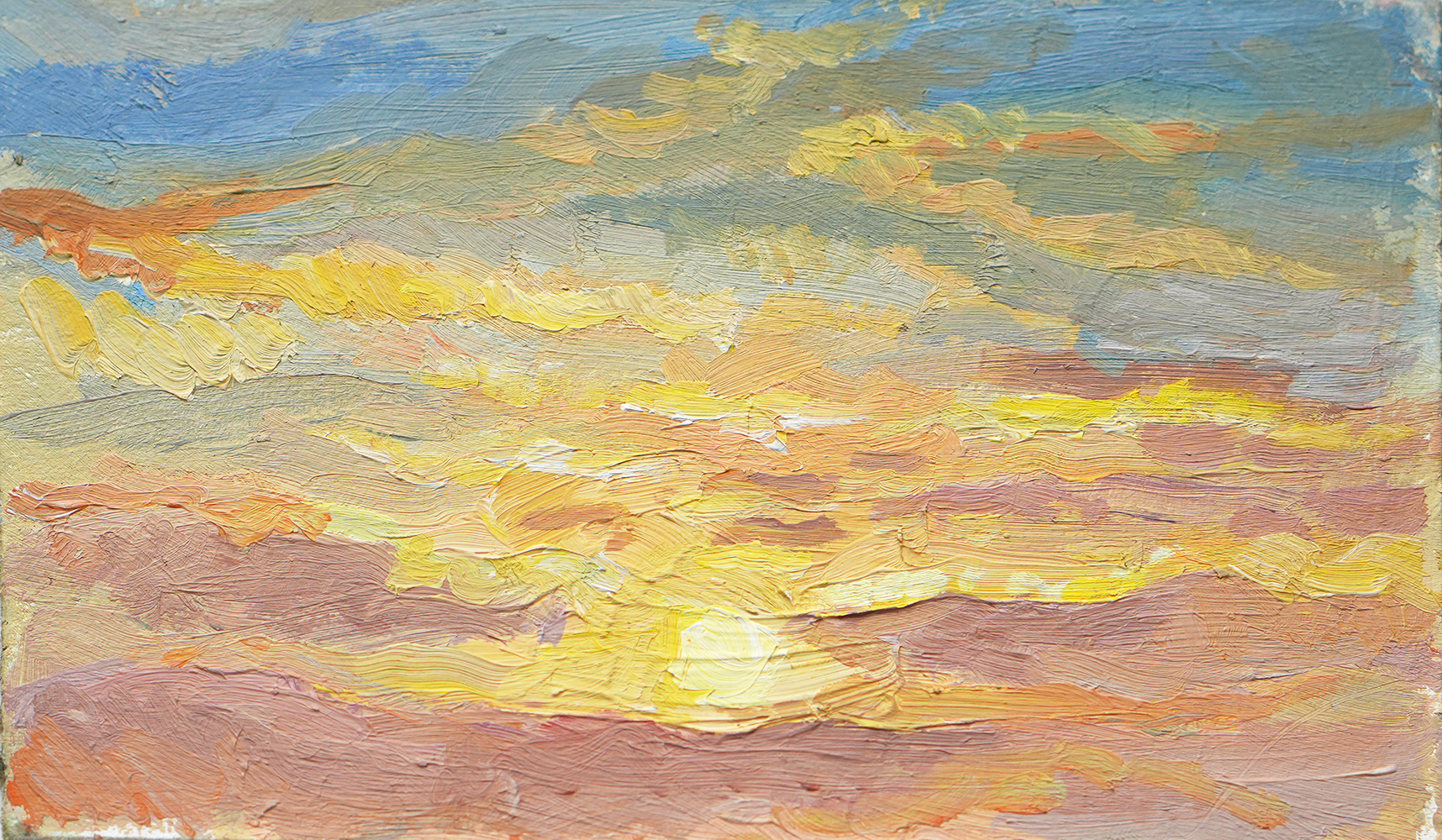 Миниатюрная картина маслом на картоне "Золотой рассвет"