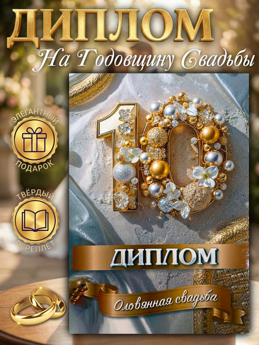 Подарочный диплом для награждения на годовщину свадьбы Оловянная свадьба - 10 лет, 150 х 210 мм
