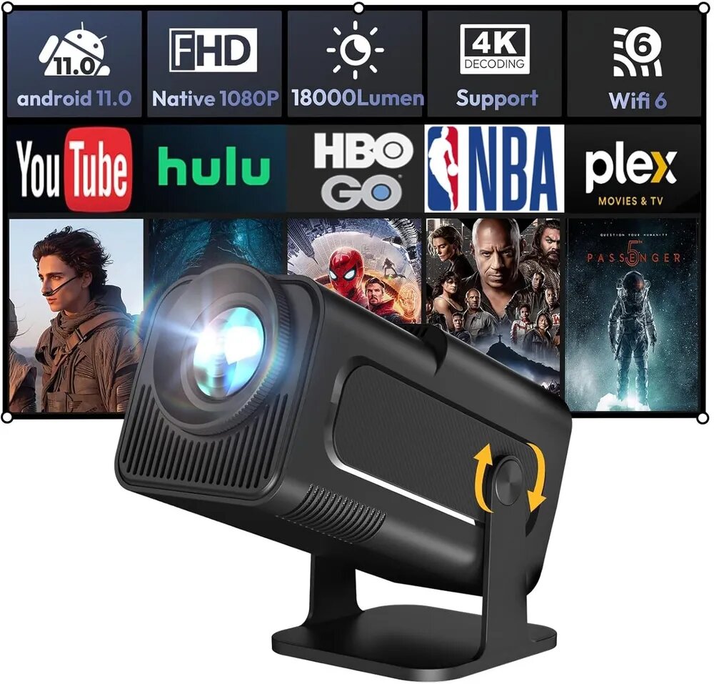 Гобо-проектор, черный портативный проектор с разрешением 1080P, Android 11.0 и Wi-Fi 6