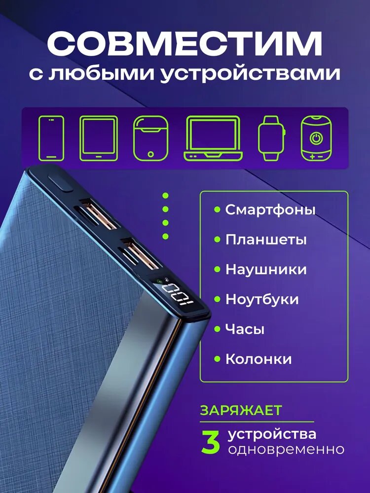 Внешний аккумулятор 18000 мАч, темно-бежевый, сиреневый, быстрая зарядка