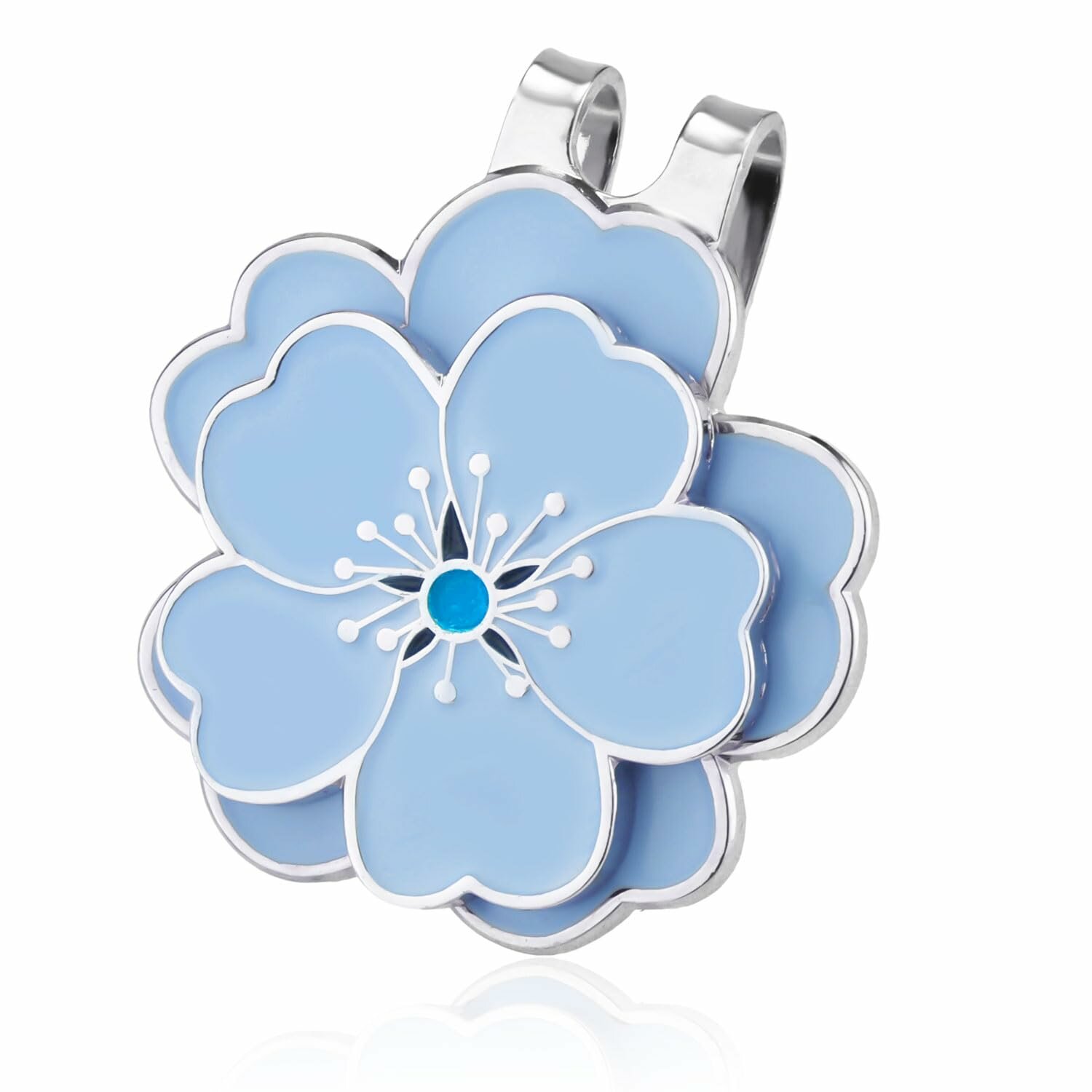 Caiton Golf Flower Hat Clip, Ladies Double Flower Mark Ball Position Mark Golf Supplies, Color: azul, Material: imán, acero inoxidable, Tamaño del producto: 3,5 x 3,5 x 0,5 cm, Detalles del paquete: 1 marcador de pelotas de golf con clip para sombrero