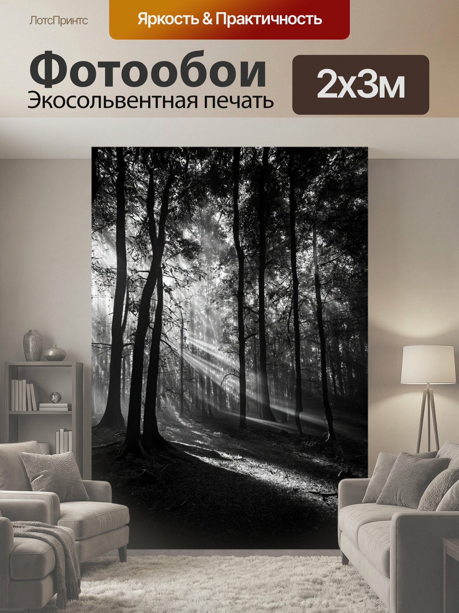 Фотообои "Черно-белый: тёмные лесные глубины, пронизанные лучами света, создают магическую атмосферу. детали и узоры отражают таинственность." 200x300 см. экосольвентная печать