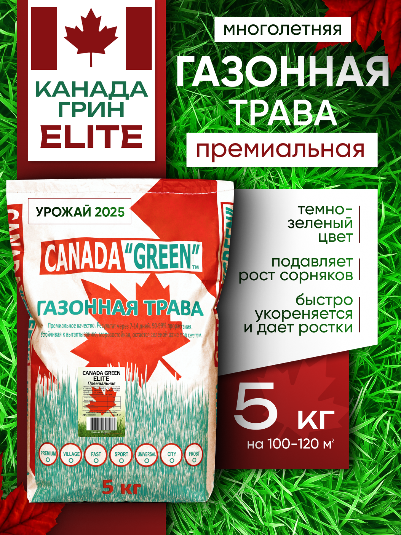Газонная трава семена Канада Грин Элитная 5 кг / Канада Грин Элит 5кг / семена газона райграс, мятлик, овсяница