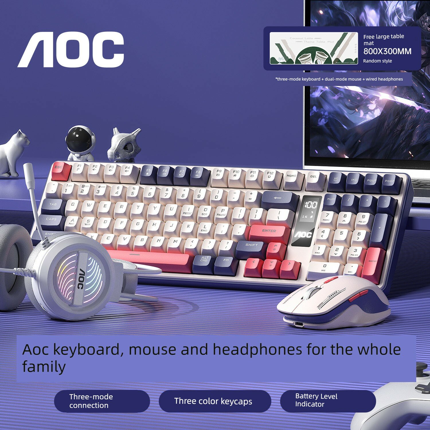 AOC-GK300 беспроводная клавиатура мышь наушники комплект бежевый, Bluetooth, RGB-подсветка, с дисплеем