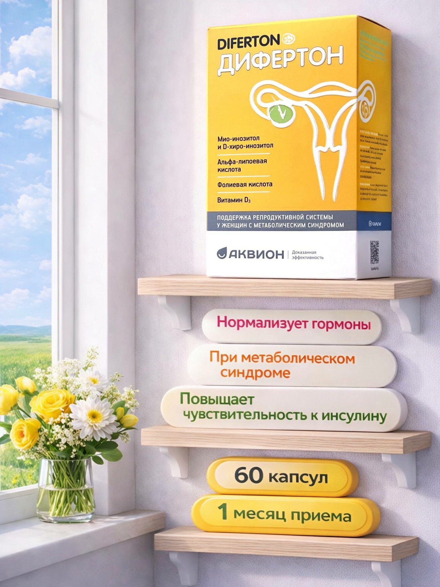 Дифертон 60 капсул комплекс с мио-инозитолом и фолиевой кислотой, витамин D3, поддержка гормонального баланса и репродуктивной системы