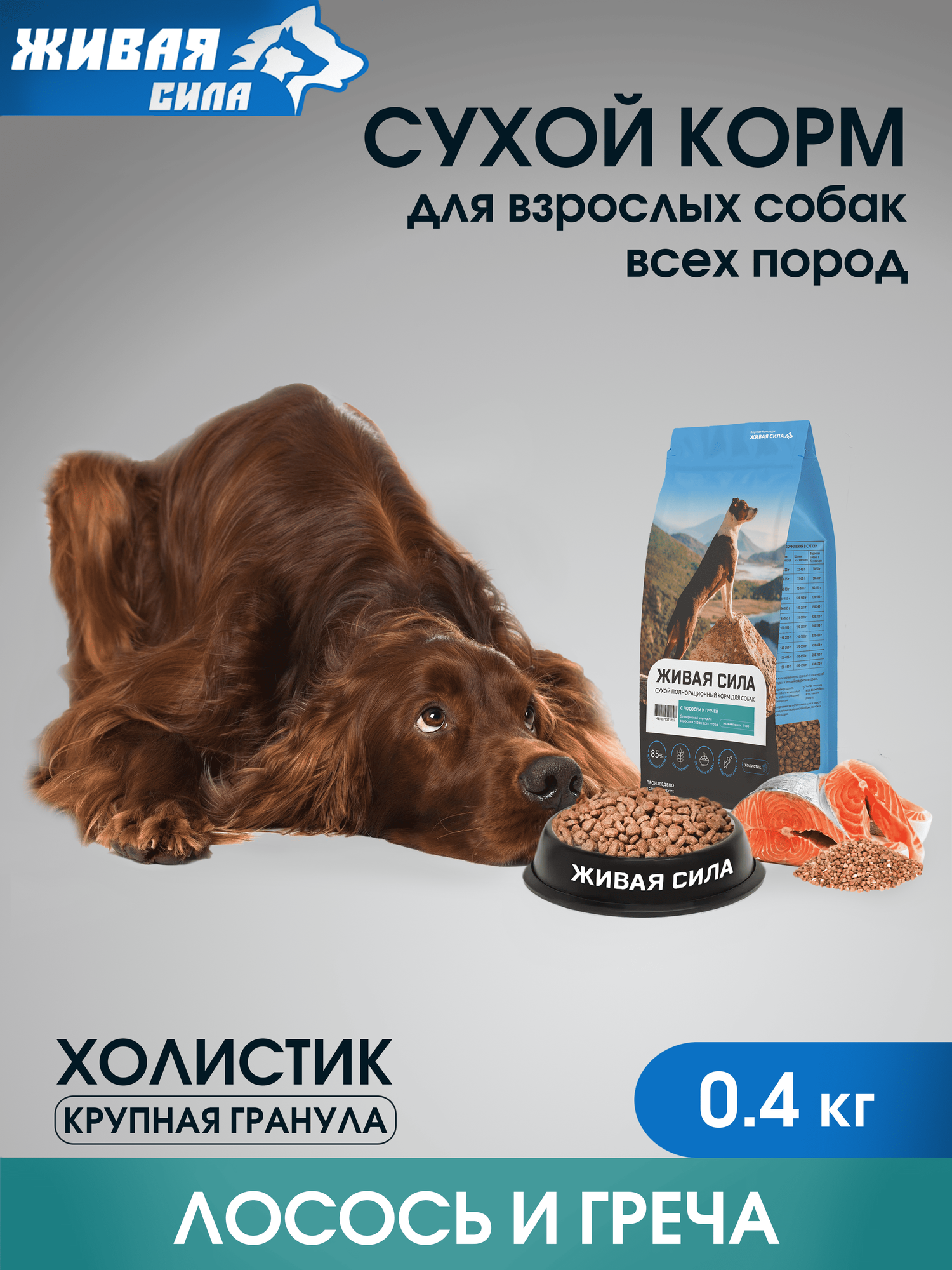 Живая Сила беззерновой корм с лососем и гречей (Живая Сила Спорт Риф), крупная гранула 0.4 кг