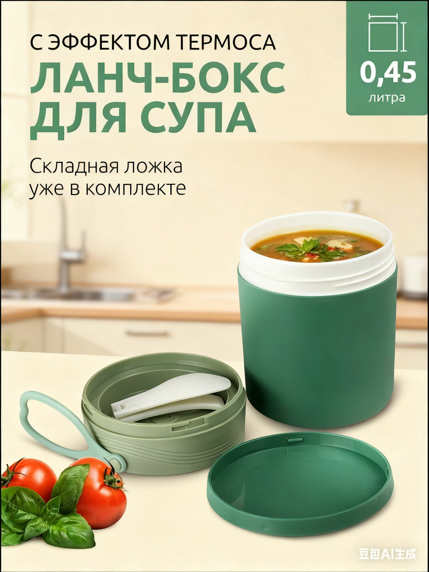 Контейнер пищевой "ланч боксы зеленые", 450 мл