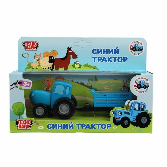 Машинка Huada Toys модель-игрушка Синий трактор 7,5 см, металл, пластик, с телегой, синий, от 3 лет, BLUTRA-7CART-BU