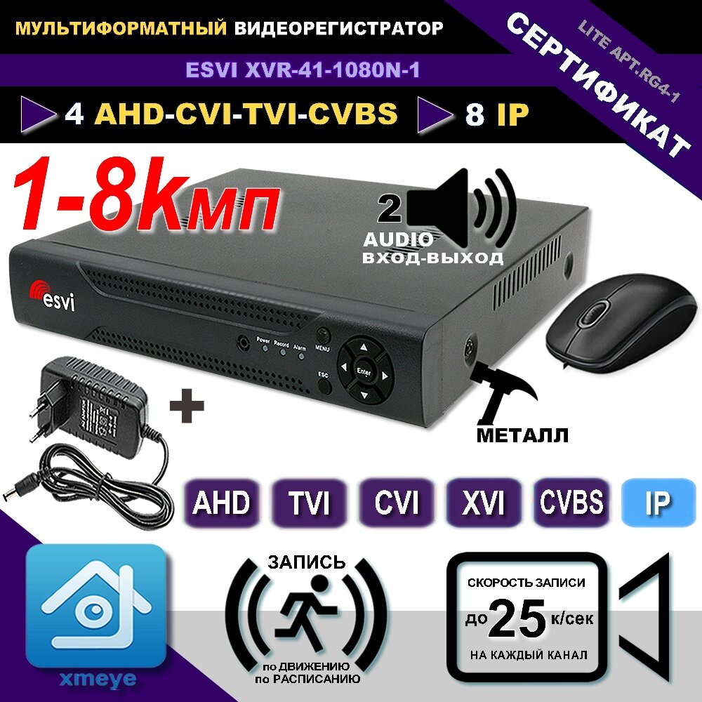 Регистратор ESVI LITE АРТ. RG4-1 гибрид 4 AHD камеры, 8 IP сетевой