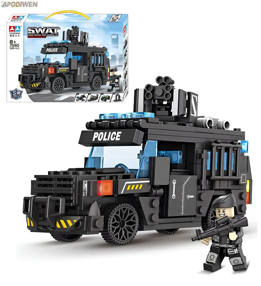 Конструктор Chaobao Спецназ SWAT Полицейский броневик (326 деталей) 7590 Фигурка Apodiwen черная — фото 1