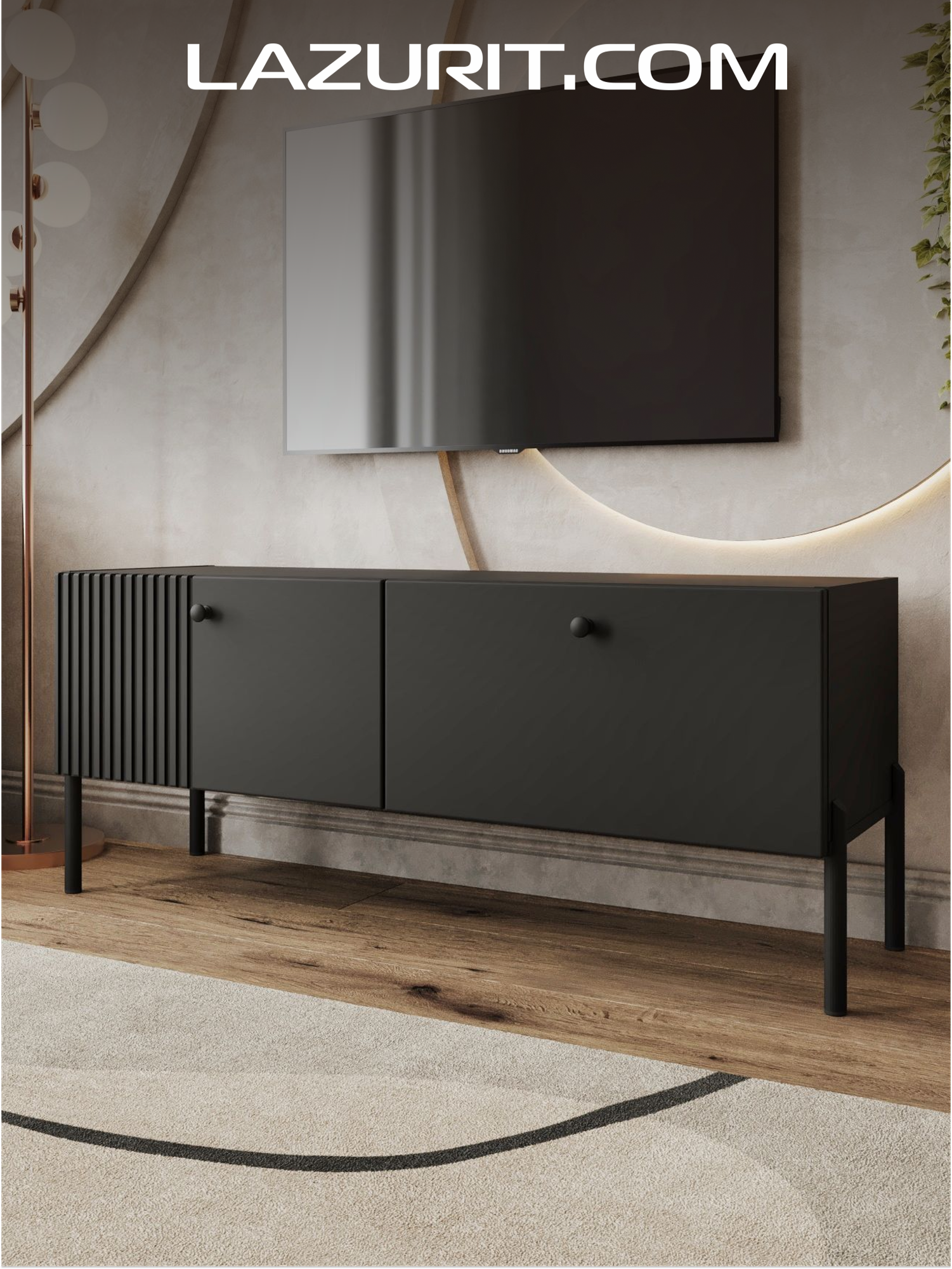 ТВ Тумба под телевизор напольная с ящиками Lazurit Rockefeller комод под тв на ножках 116,6х45х36 см черная