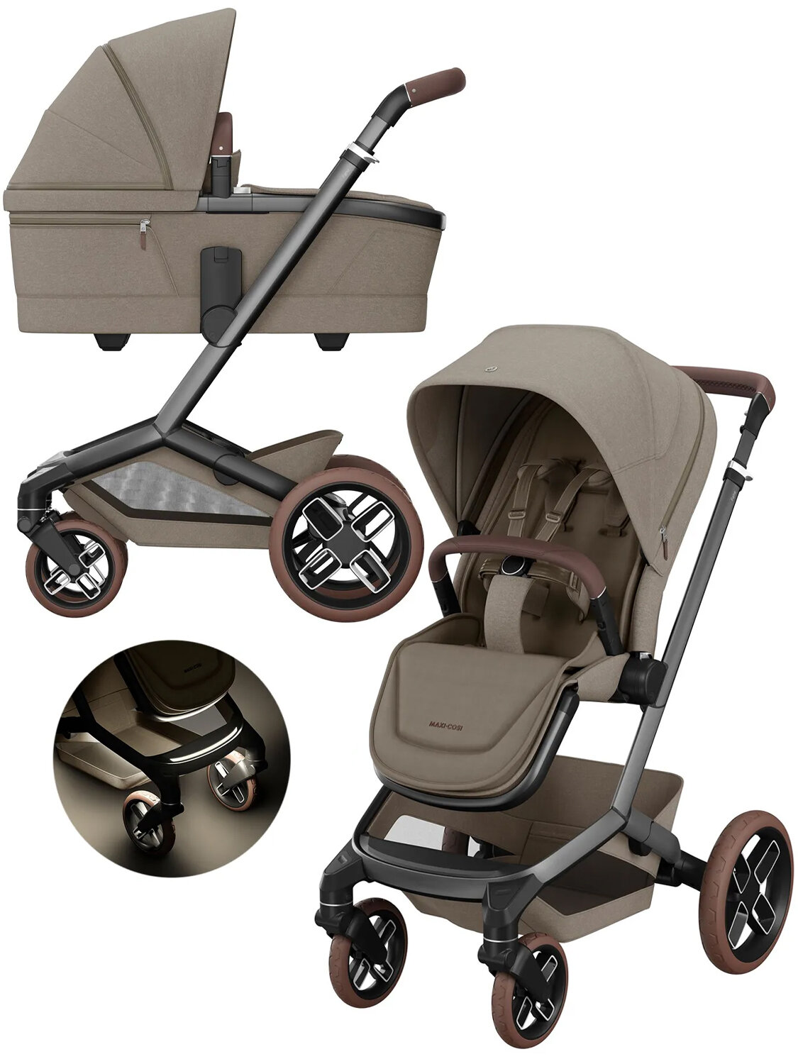 Коляска 2 в 1 Maxi-Cosi Fame Twillic Truffel (2 коробки), всесезонная, большие колеса, бежевый