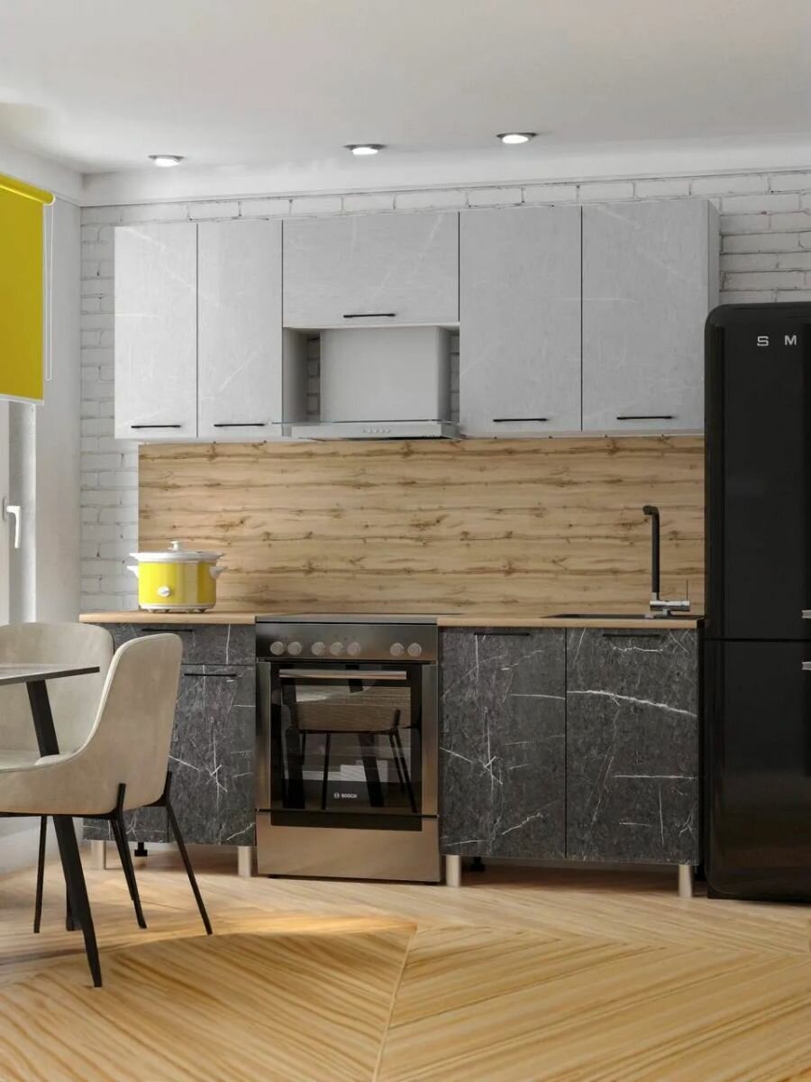 Кухонный гарнитур (кухня) Марбл 2 м с окапом, ЛДСП/МДФ, Белый/Мрамор Лайт/Мрамор Дарк, 2000х2160х430, тэкс