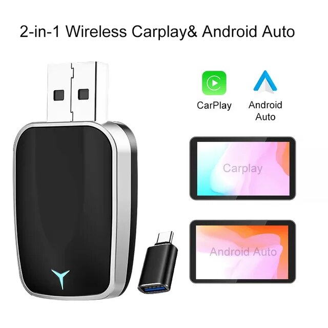 Этот беспроводной адаптер CarPlay/Android Auto 2-в-1 совместим со штатными автомобильными аудиосистемами, поддерживает функцию подключения по USB и позволяет преобразовывать проводное подключение CarPlay в беспроводное.