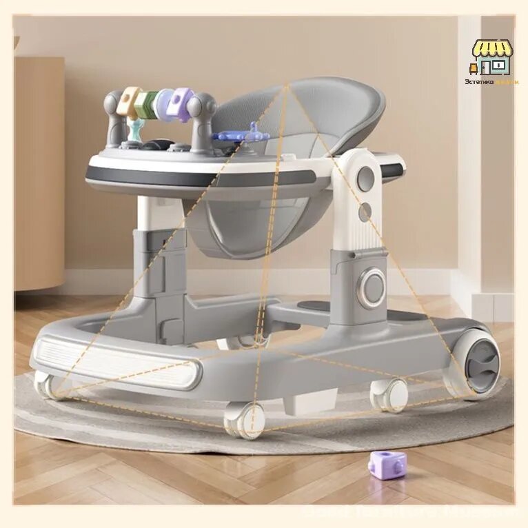 Детские ходунки Babywalker для детей, съемная игровая панель, музыка и свет, серый цвет — фото 1