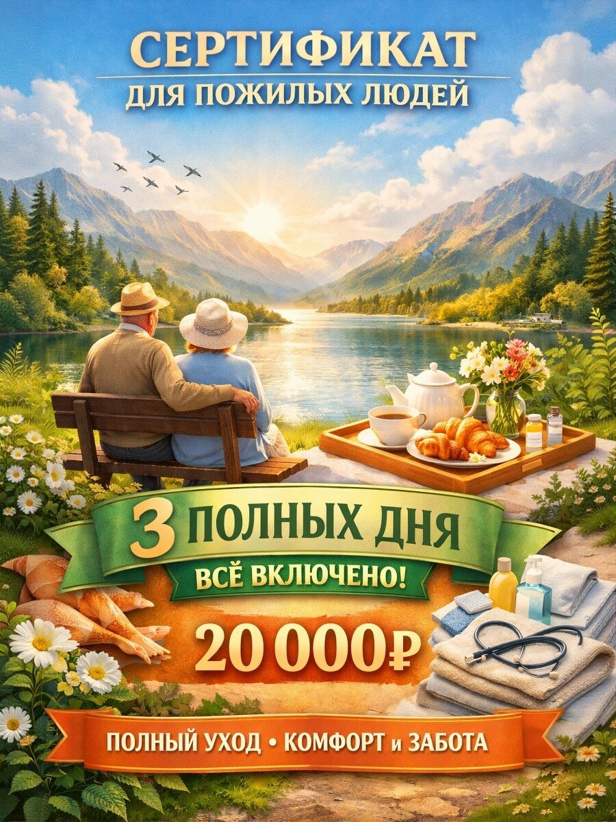 Подарочный сертификат для пожилых людей . На 3 полных дня за 20 000₽ все включено , полный уход.