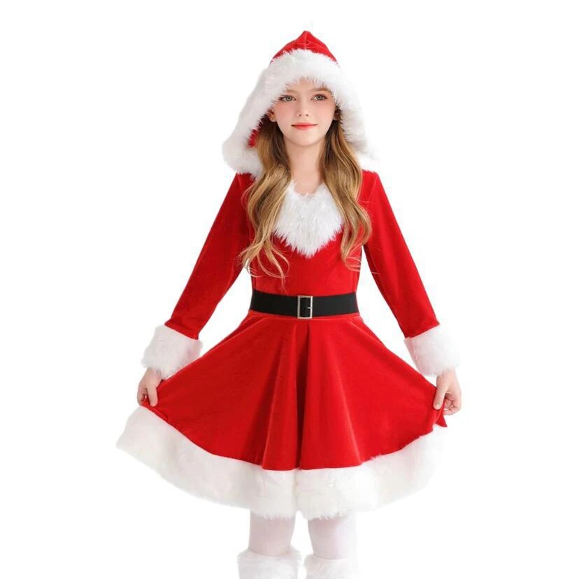 Детское платье Санта Клауса красный полиэстер Girls 160cm, Hood Dress Belt