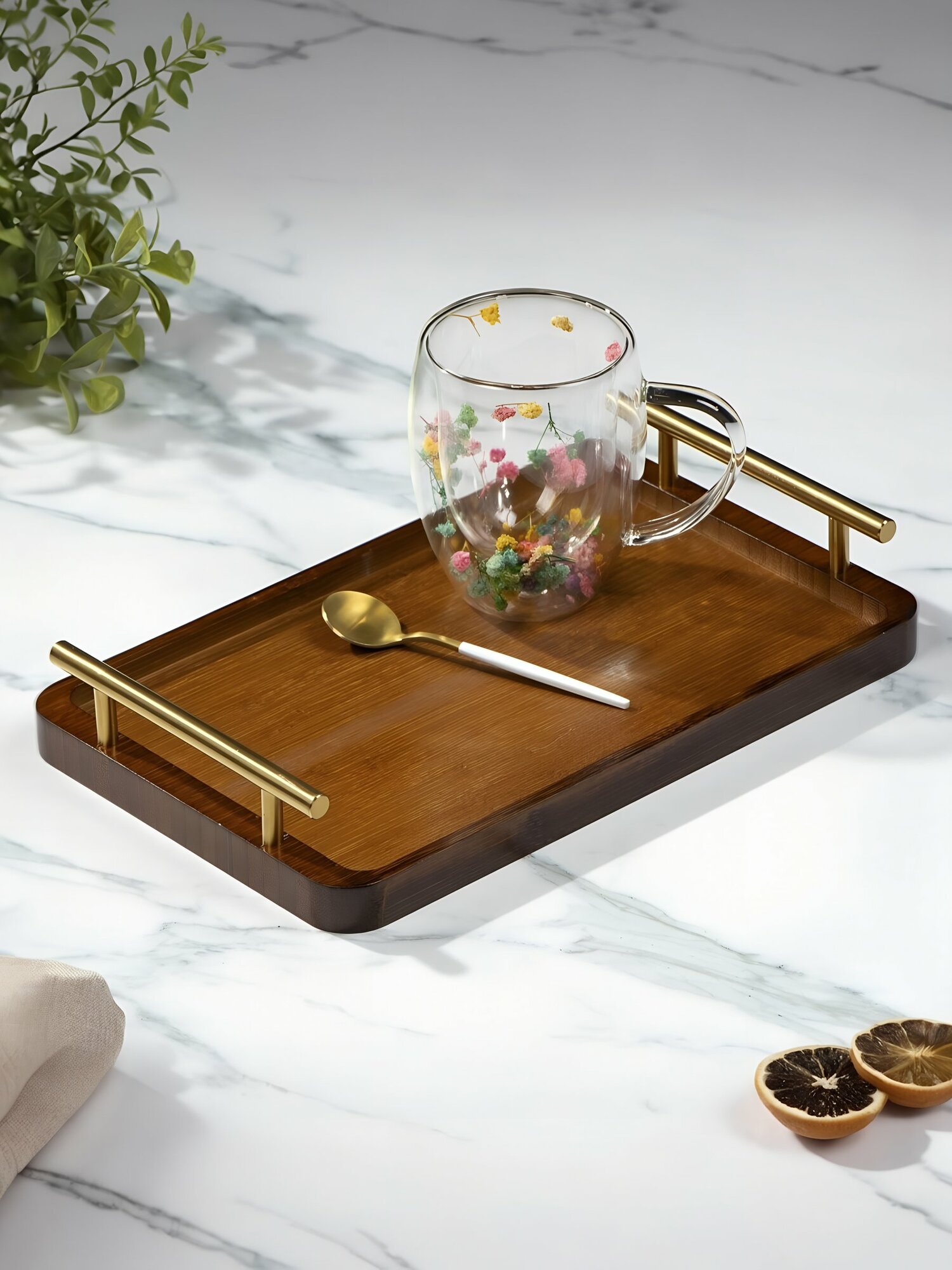 Поднос деревянный с металлическими ручками, прямоугольный, 30х20 см