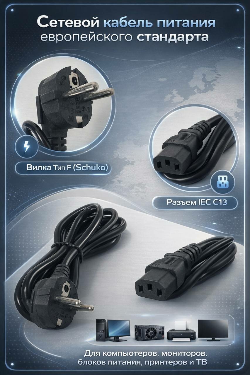 Сетевой кабель питания с евровилкой для различных электроприборов, 1,2 метра, 3*0,75мм2, черный
