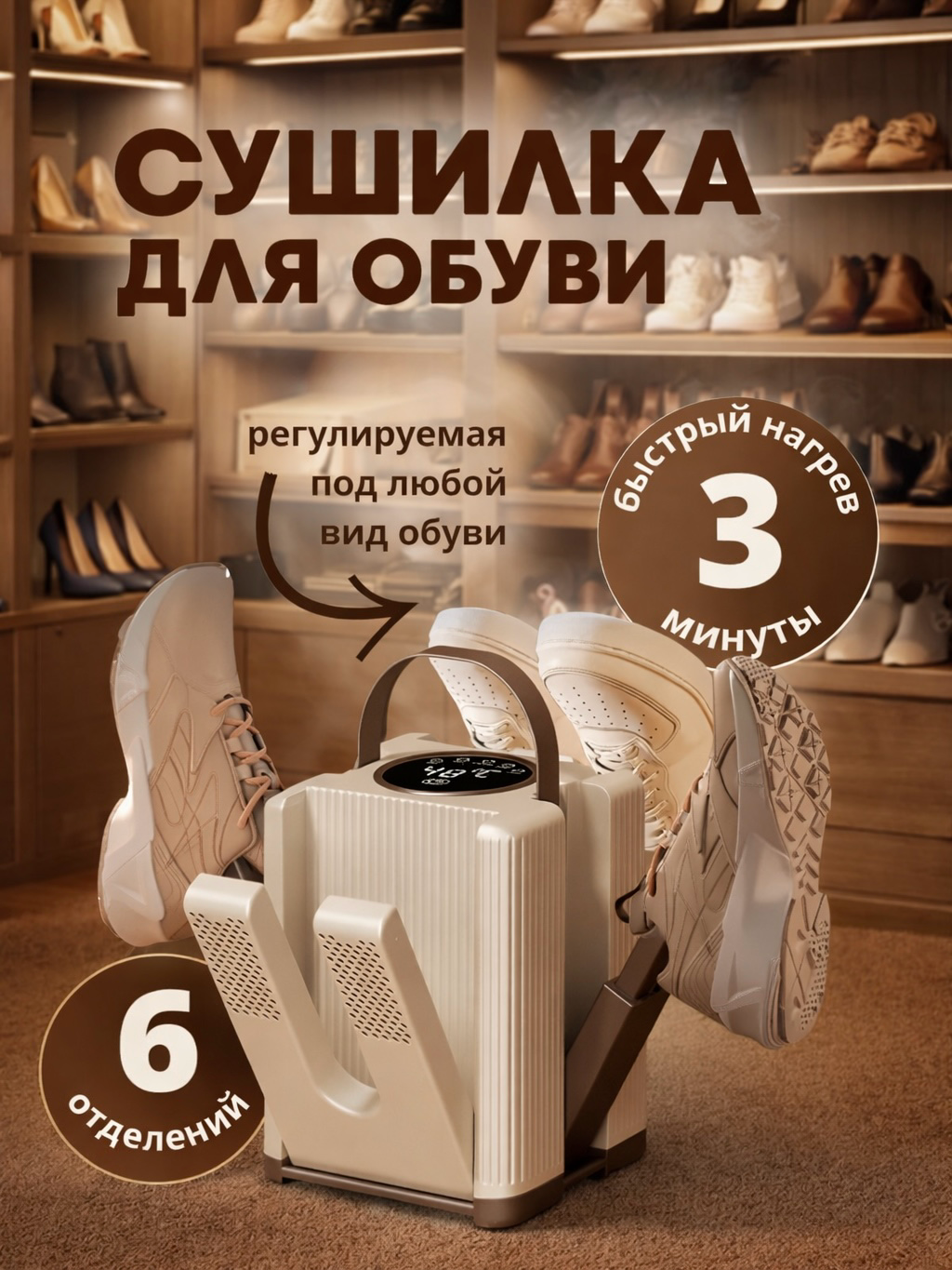 Cушилка для обуви ультрафиолетовая с таймером, 6 отделений, быстрый нагрев