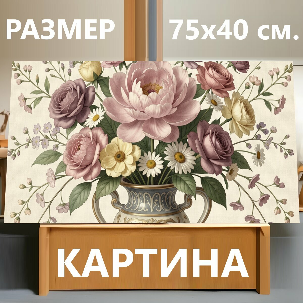 Картина на холсте "Букет пастельных цветов в вазе. Изящная цветочная композиция в винтажной керамике: пышные бутоны, ромашки и полевые веточки." на подрамнике 75х40 см. для интерьера