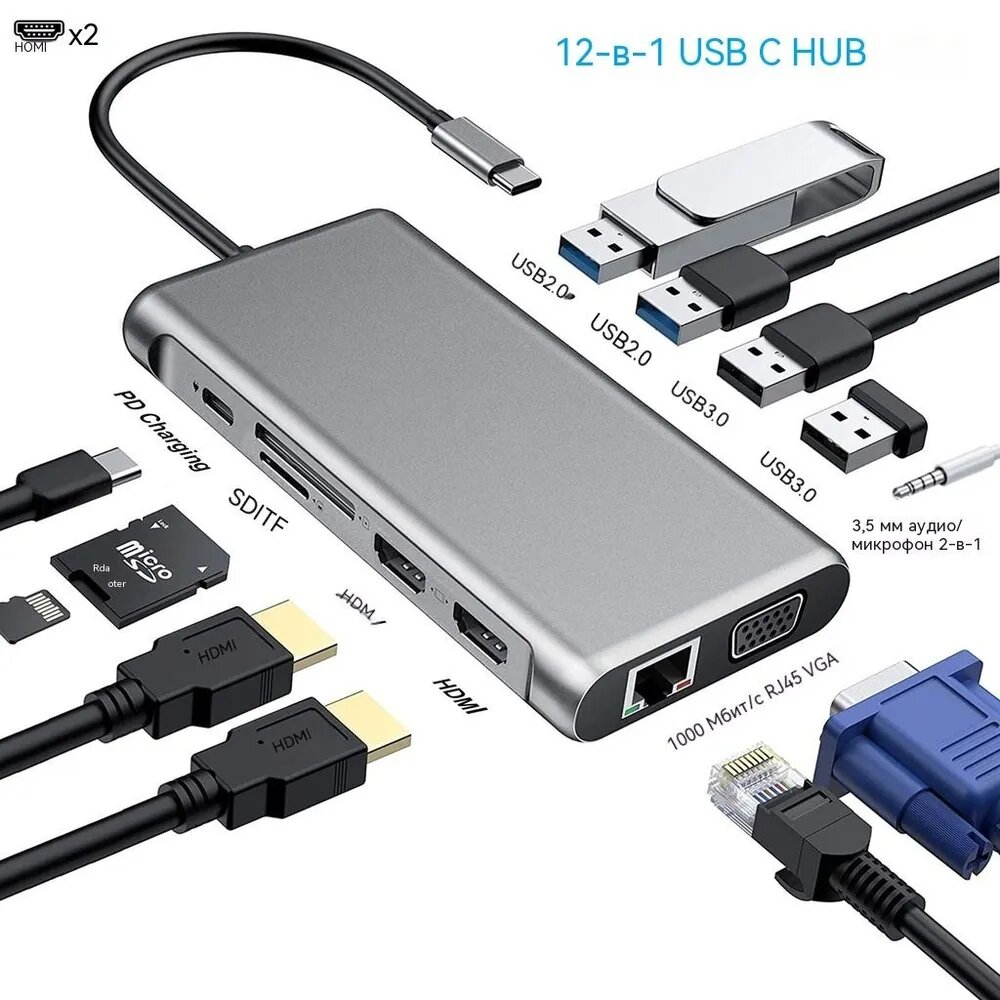 USB-концентратор 12-в-1 USB C Hub для ноутбуков 2x HDMI, VGA, RJ-45, 4x USB, PD серый металлик