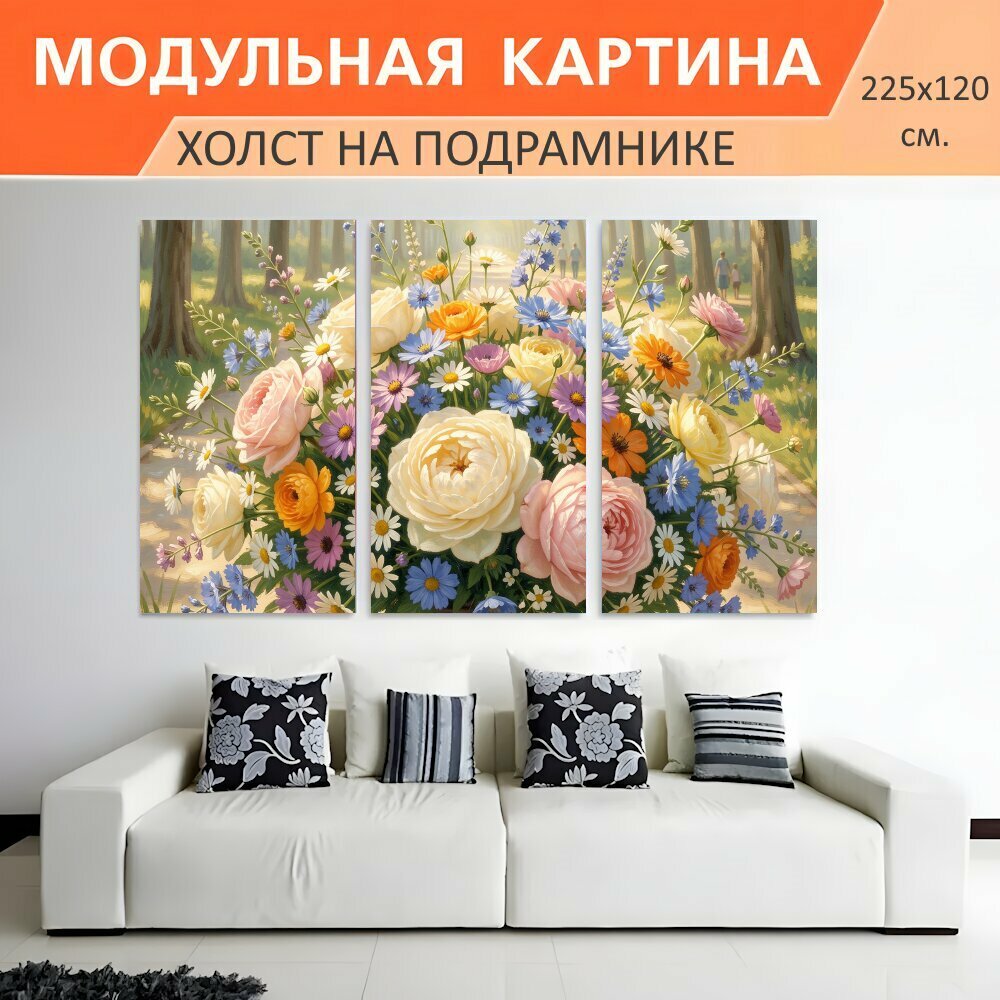 Модульная картина на холсте "Полевой букет в лесном свете. Пышная композиция из садовых и луговых цветов в тёплом солнечном парке." триптих на подрамнике 225х120 см. для интерьера