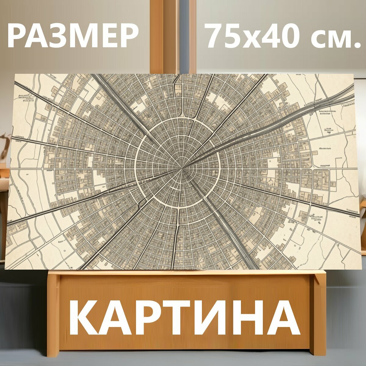 Картина на холсте "Радиальная карта города. Детализированная винтажная схема мегаполиса с круговой планировкой и расходящимися проспектами." на подрамнике 75х40 см. для интерьера