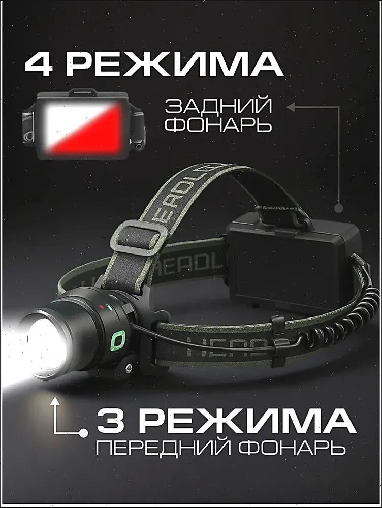 Налобный фонарь-прожектор 4000 Лм, дальность 2000м, красный и холодный белый свет, аккумулятор 18650, IPX7 — фото 1