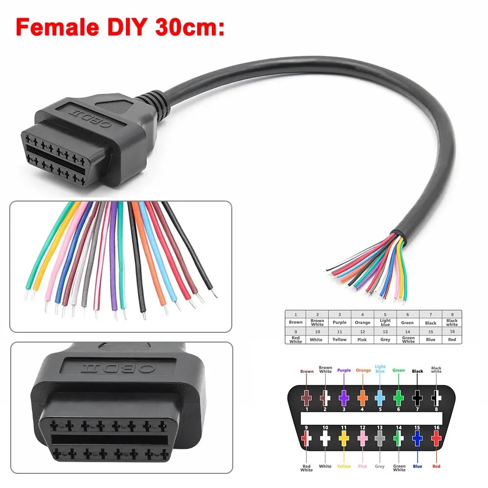 OBD2 разъем «мама» 30см, 16pin, DIY