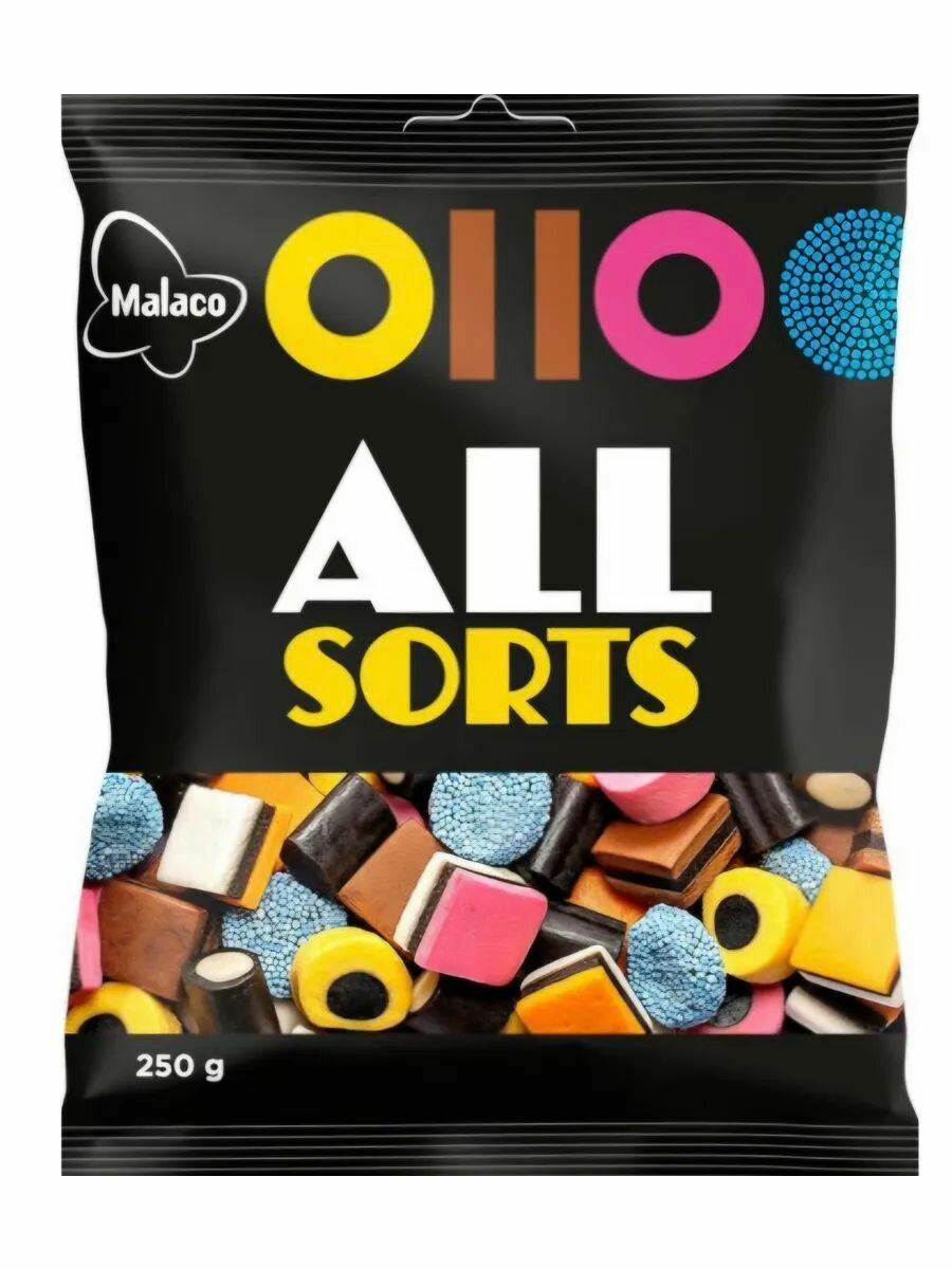 Конфеты лакричные ассорти Malaco OLLO Allsorts (Финляндия) 250 гр.