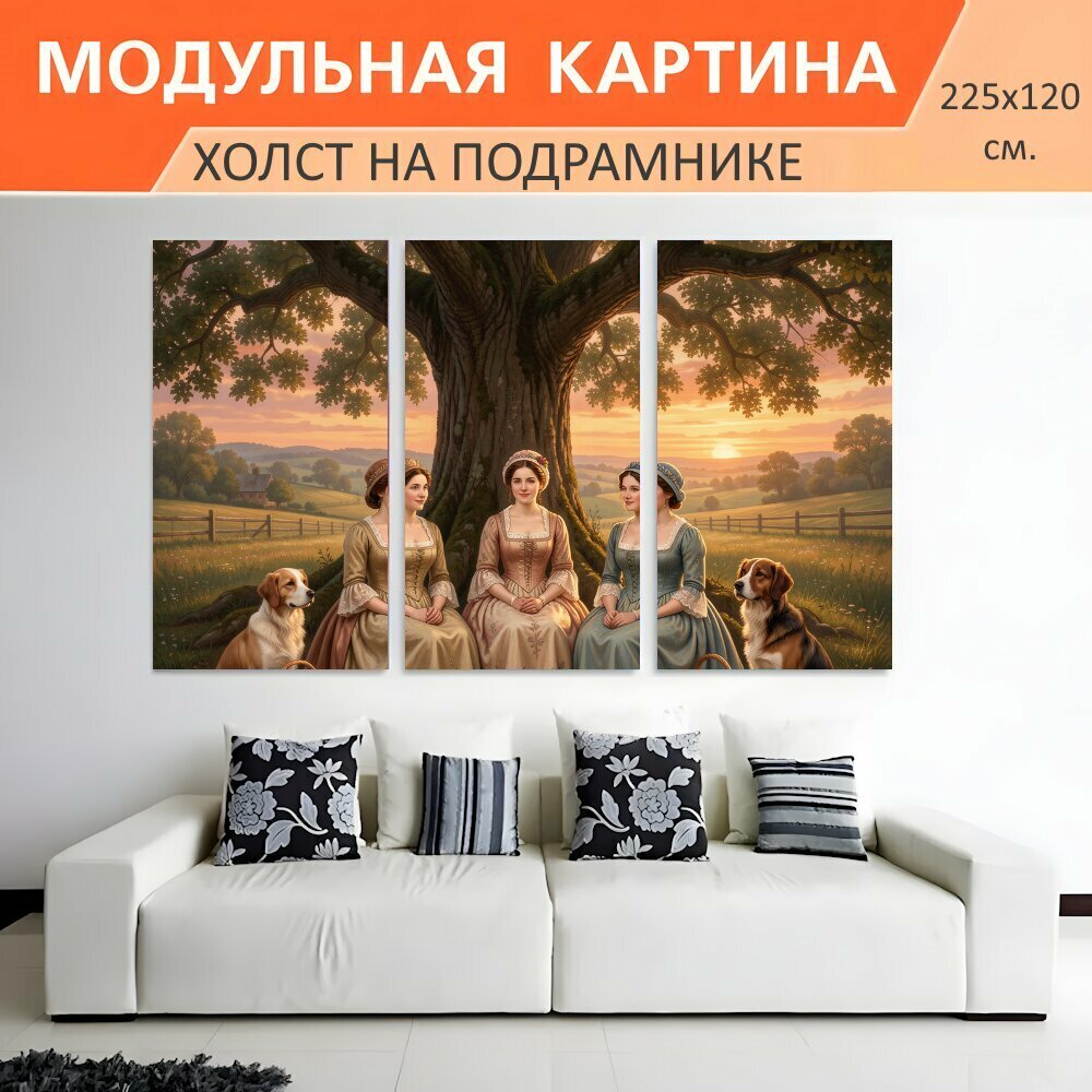 Модульная картина на холсте "На картине изображены три девушки в исторических платьях 19 века, сидящие под огромным старым деревом с." триптих на подрамнике 225х120 см. для интерьера